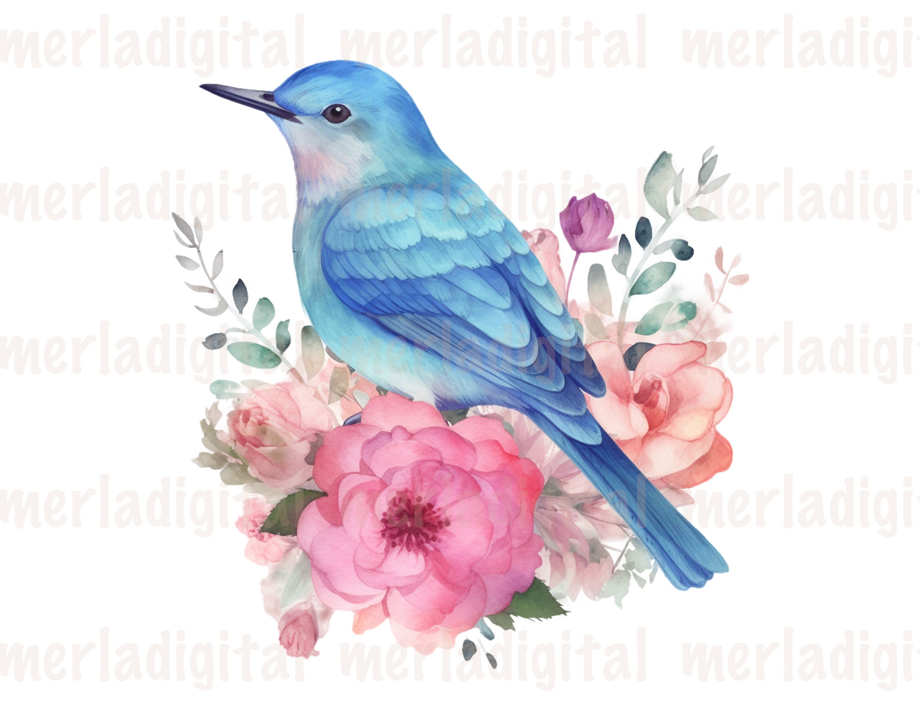 Blue Bird Watercolor Clipart, Pink Flowers Nursery Art (digital ...