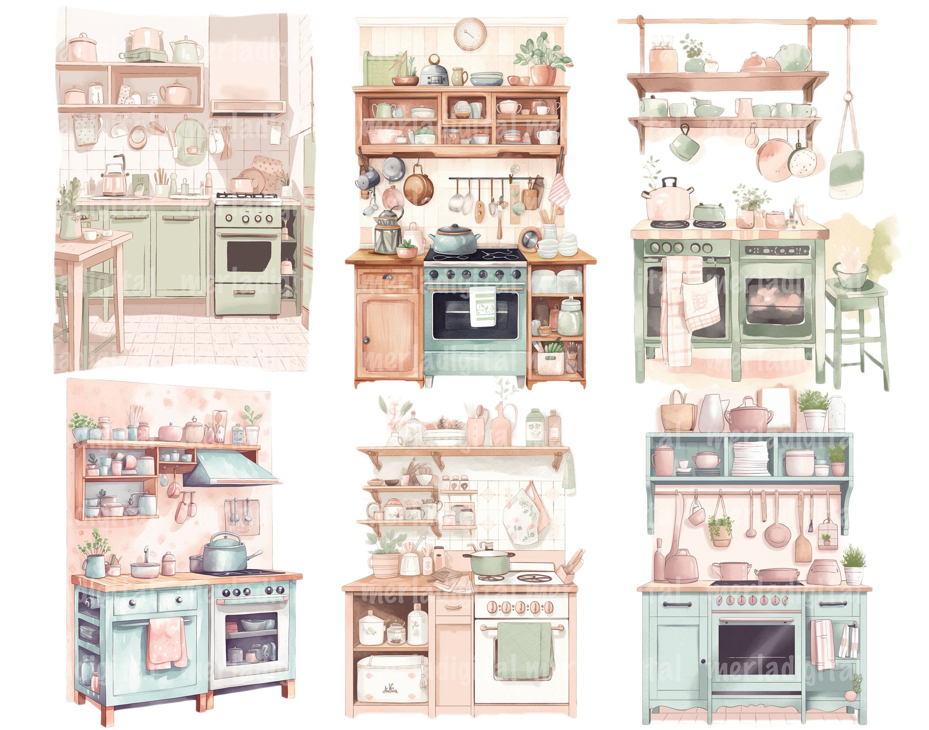 Country Kitchen Clipart Boho Kitchen Watercolor Rustic Cooking Clipart ...