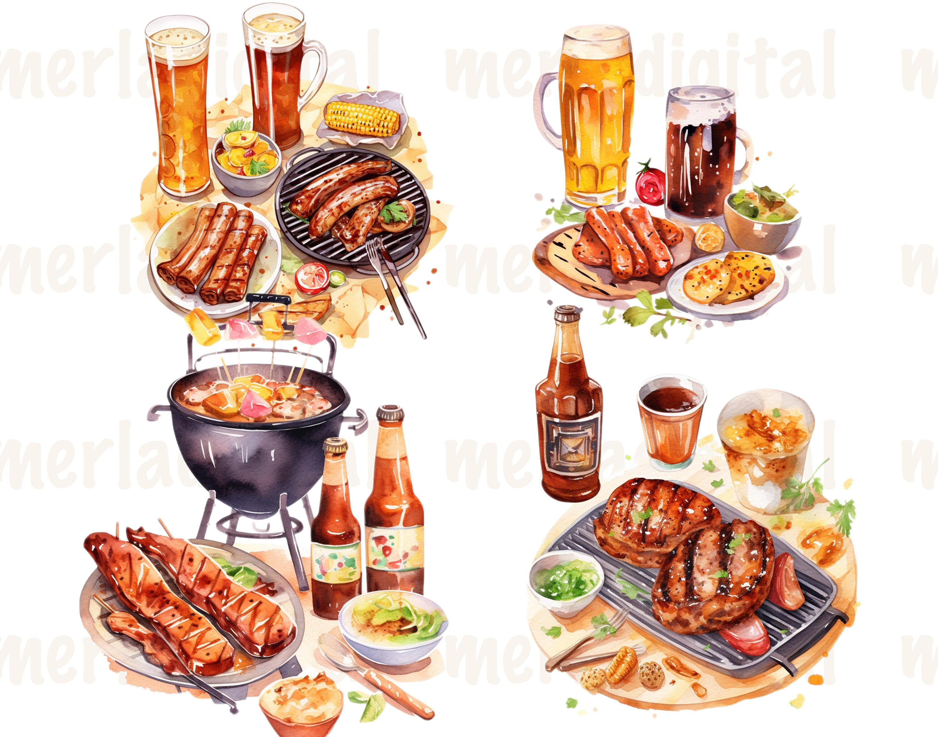 Watercolor Beer BBQ Clipart, Burger Bbq Digital Png, Beer, Drink and ...