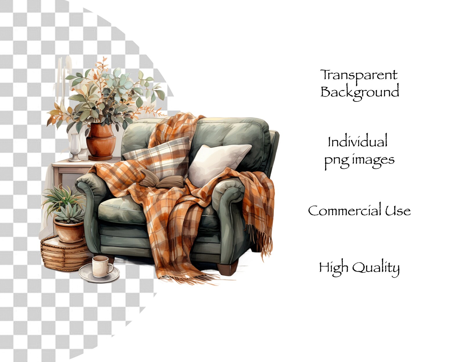 Watercolor Cozy Couch PNG Clipart Boho House Clipart Rustic Cozy House ...