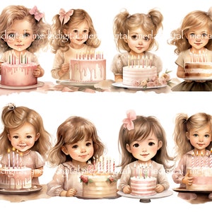 Birthday Girl Clipart Bundle Pink Birthday Watercolor Clipart Kids ...