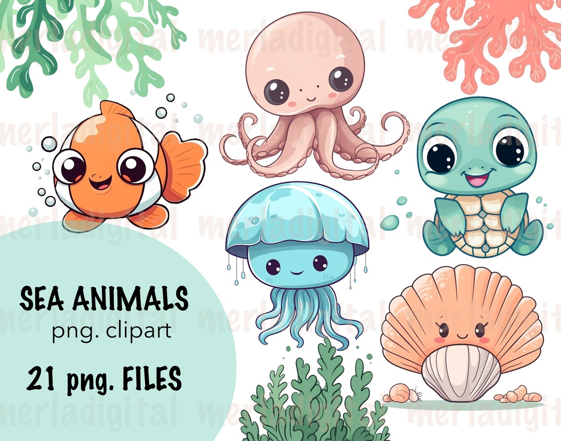 Undersea Kawaii Animals Clipart Nursery Cute Decor - Etsy