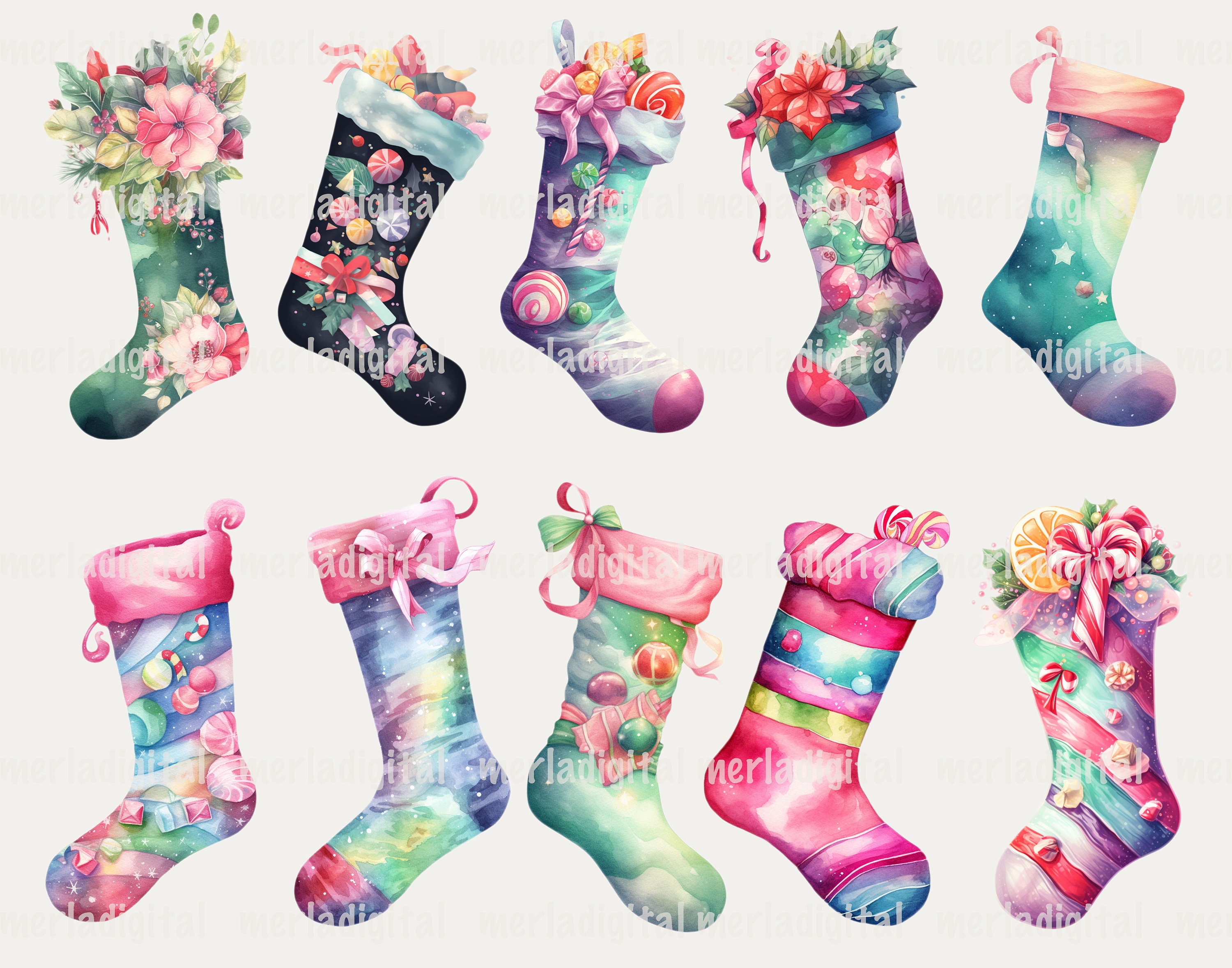 Christmas Stocking Clipart Png Bundle Watercolor Christmas PNG ...