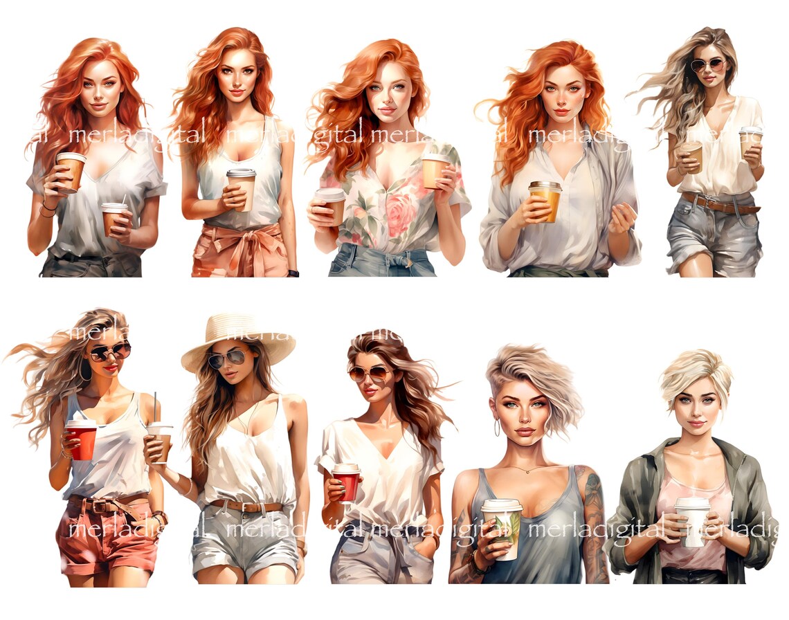 Watercolor Coffee Girl Clipart, Fashion Women PNG (digital Download) - Etsy