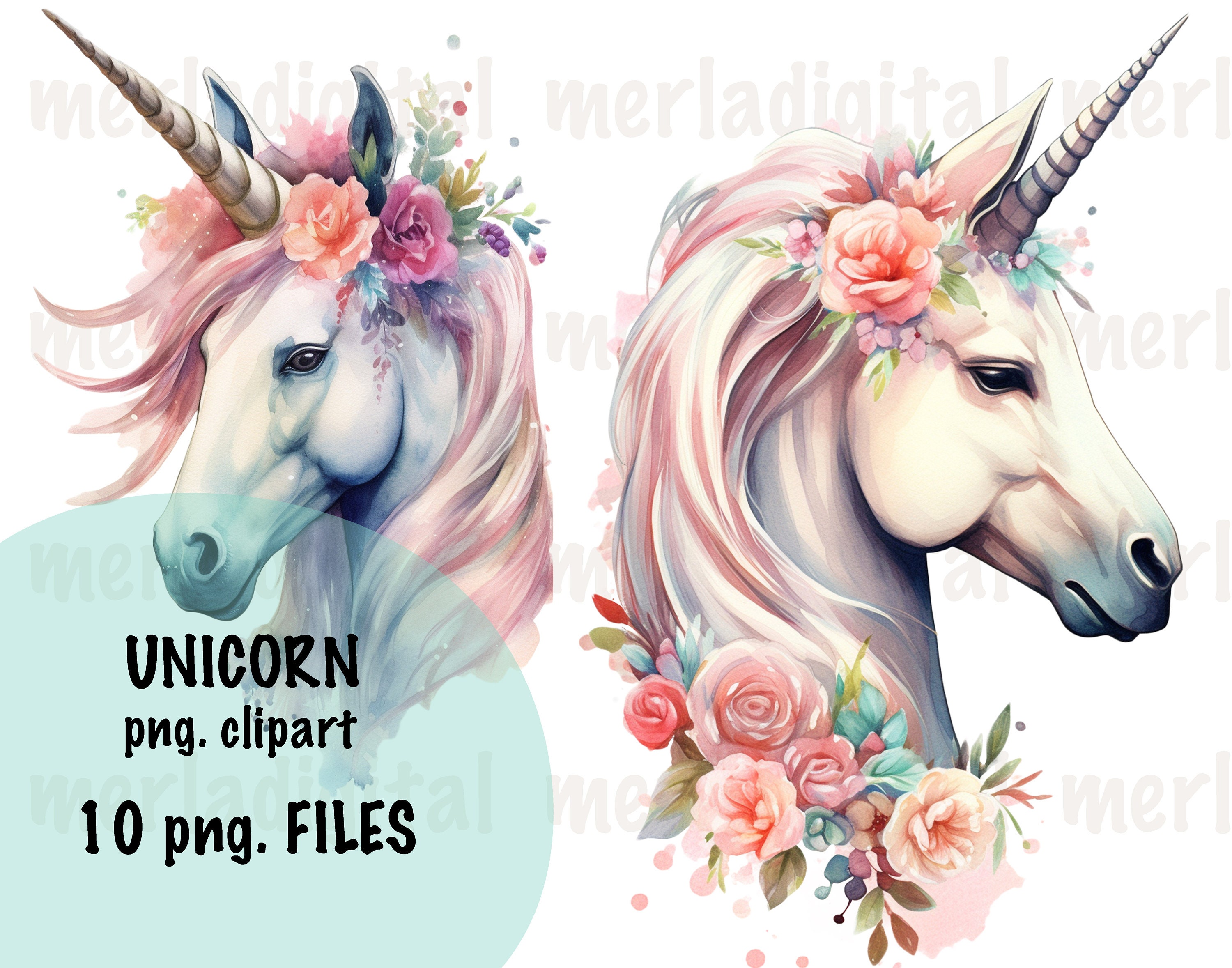 Watercolor Unicorn Flowers Clipart, Magical Fantasy Clip Art, Graphics ...