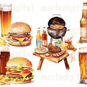 Watercolor Beer BBQ Clipart, Burger Bbq Digital Png, Beer, Drink and ...