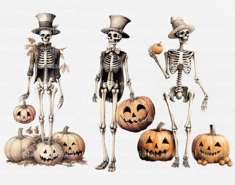 Skeleton Pumpkin Watercolor Clipart, Halloween Skull PNG (digital ...