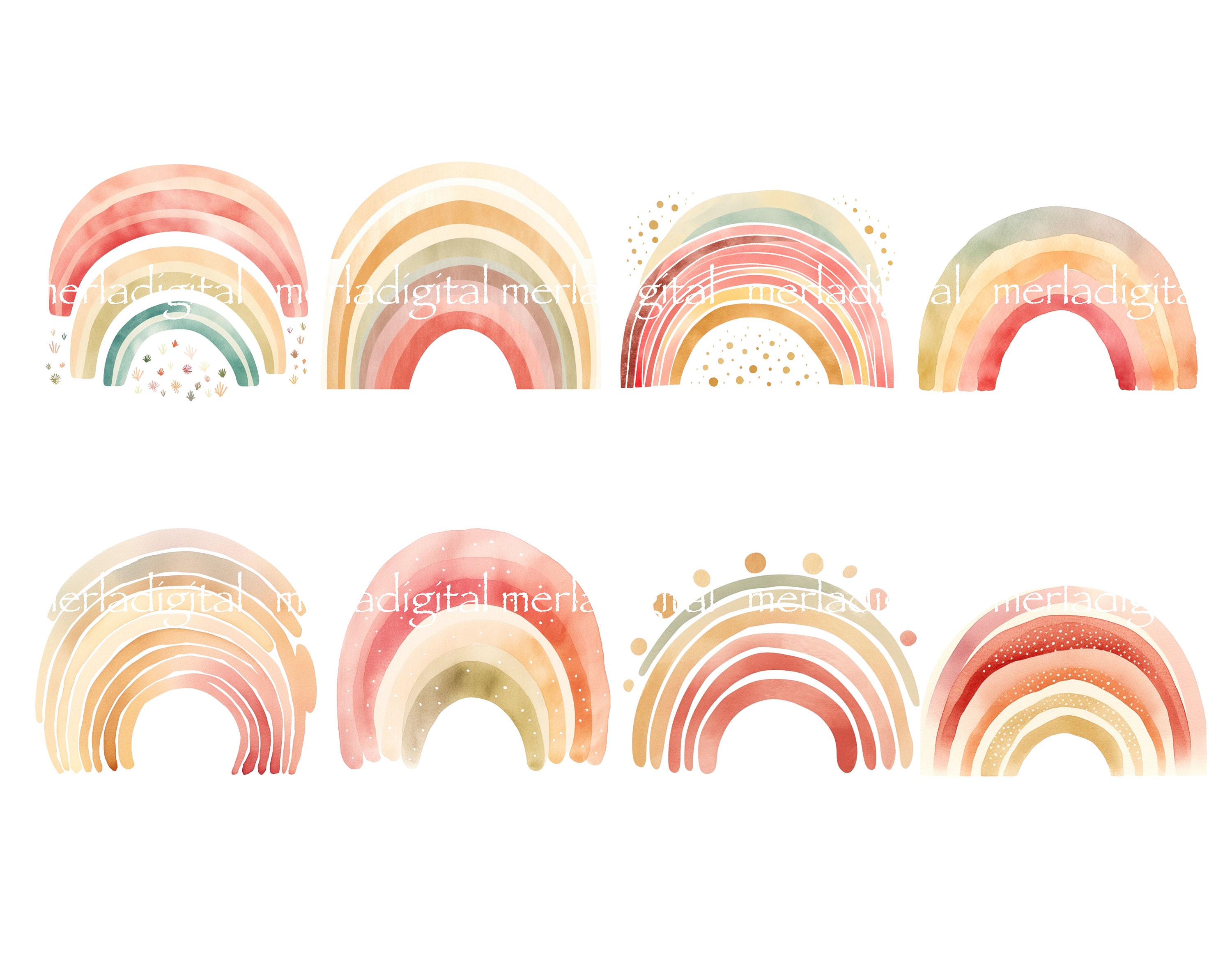 Rainbow Watercolor Clipart Bundle Cute Rainbow Printable Boho Rainbow ...