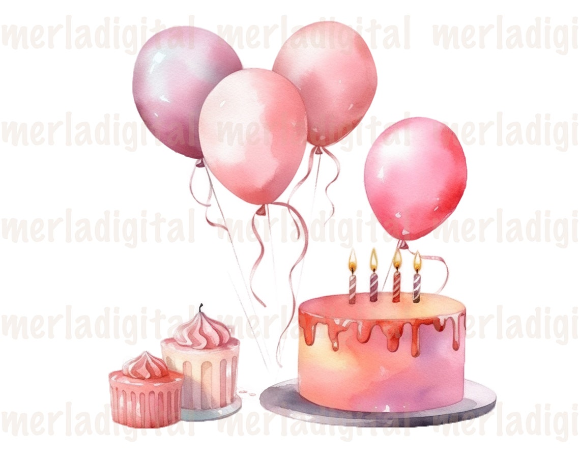 Watercolor Pink Birthday Clipart Pack, Balloons Clipart, Gift Clipart ...