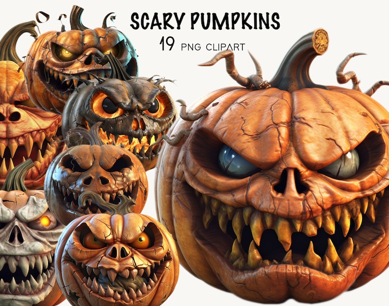 Scary Pumpkin Clipart: 19 Watercolor Jack O' Lantern Pngs (digital ...