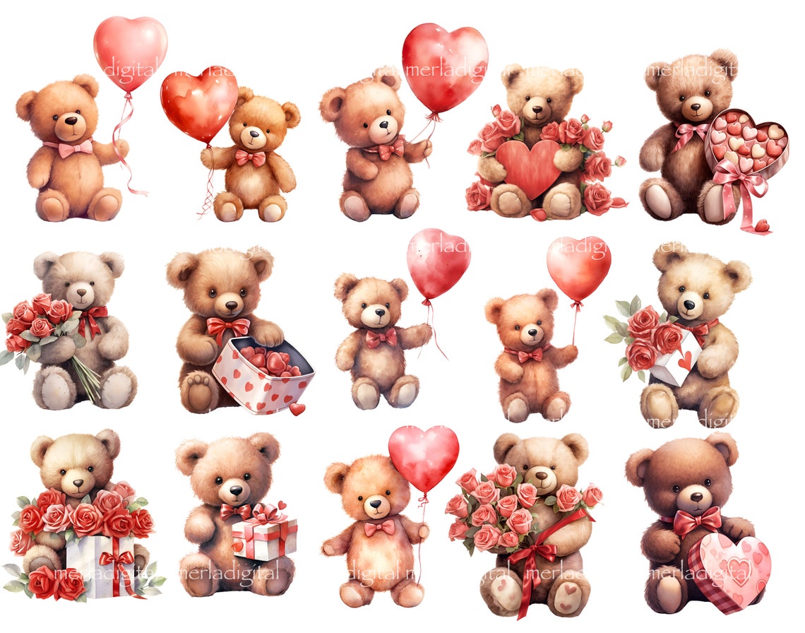 Valentines Teddy Bear Clipart Bundle Roses Valentines Day Clipart ...