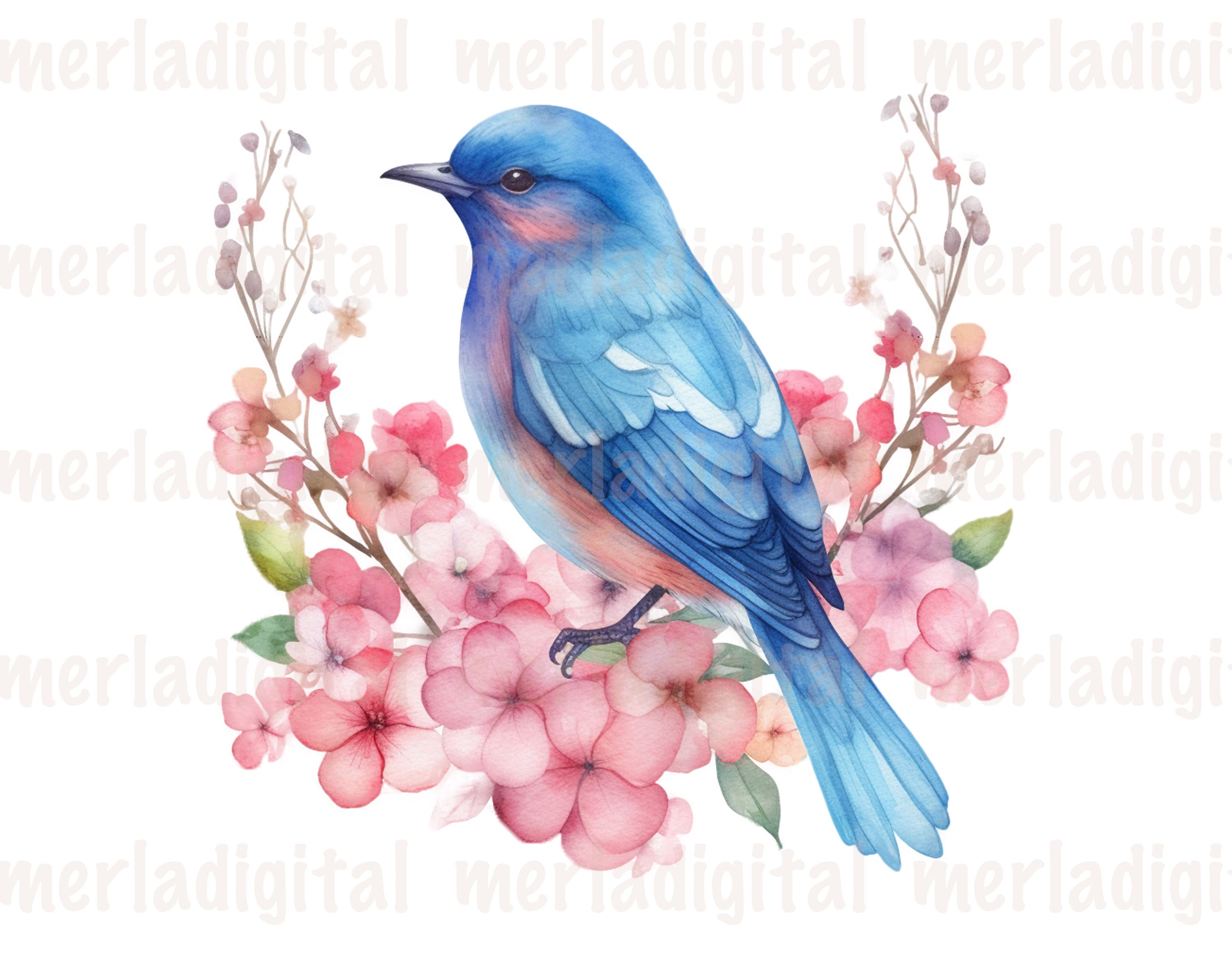 Blue Bird Clipart, Watercolor Nursery Art Png, Pink Flowers Digital ...
