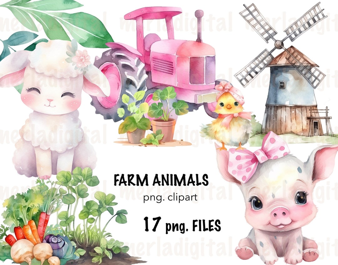 Farm Animals Clipart, Watercolor Cute Farm Clip Art, Girly Nursery ...