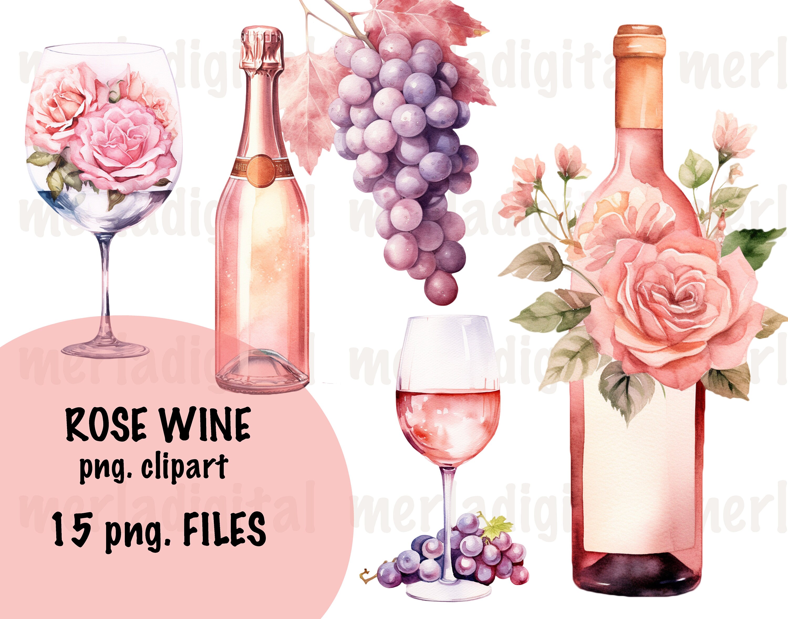 Watercolor Floral Rose Wine Clipart, Floral Wine Digital Png., Wine ...