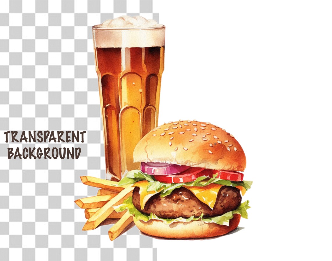 Watercolor Beer BBQ Clipart, Burger Bbq Digital Png, Beer, Drink and ...