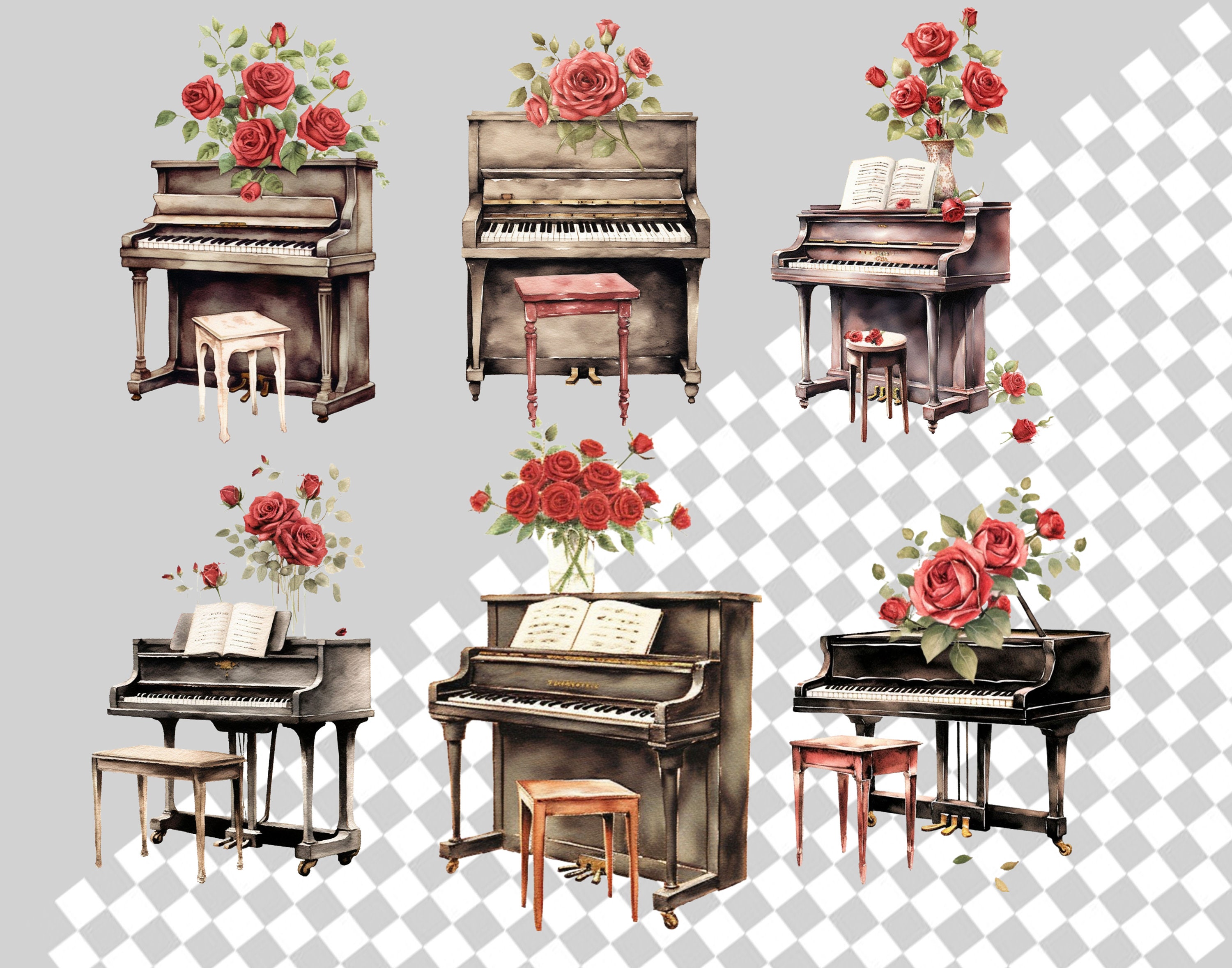 Floral Piano Clipart Red Roses Png Clipart Bundle Printable Watercolor ...