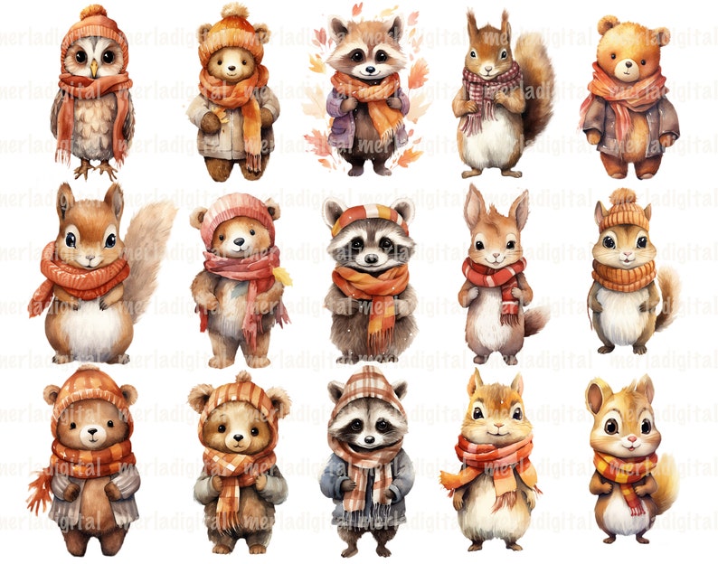 Autumn Animals PNG Clipart Bundle, Watercolor Woodland Nursery Prints ...