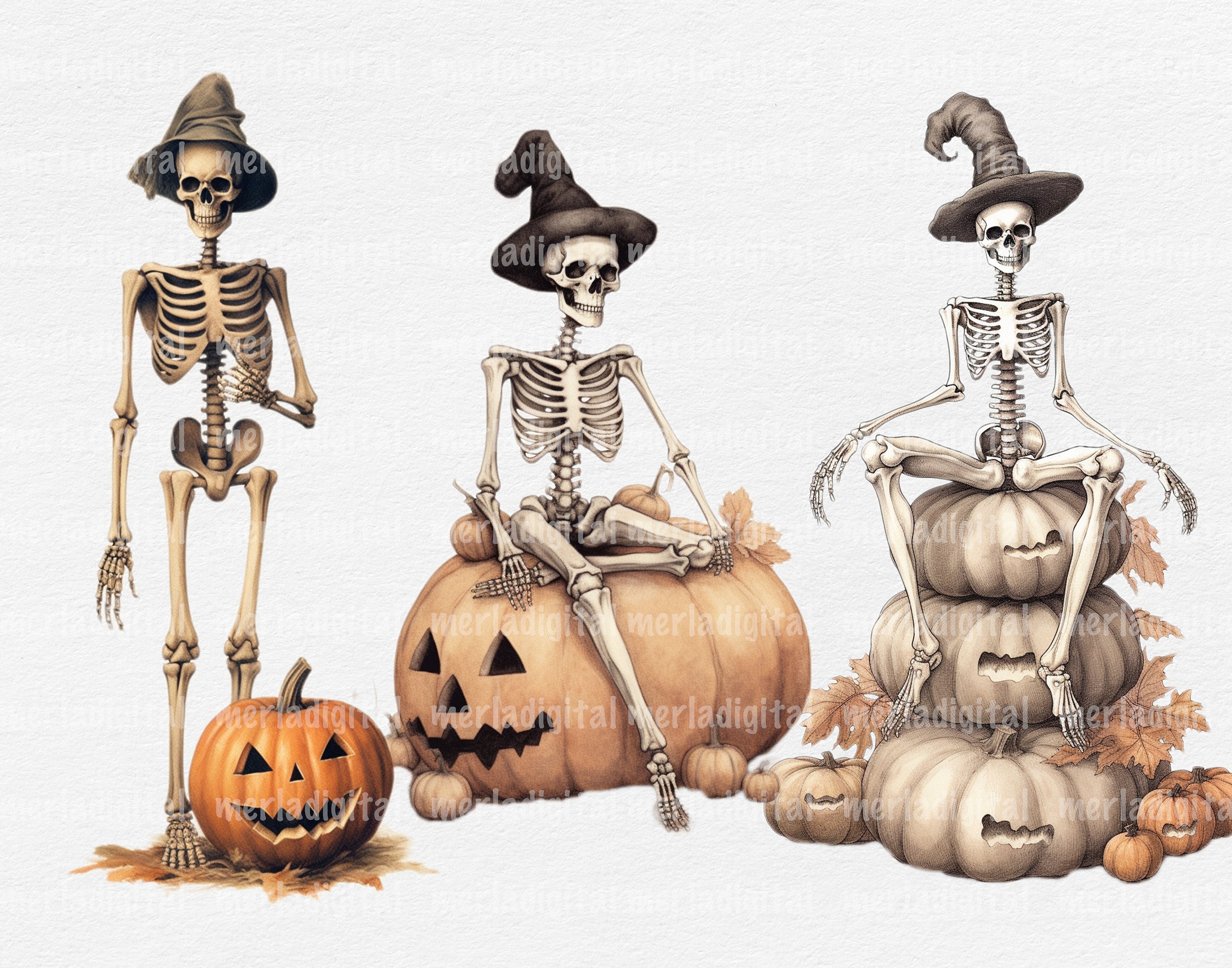Skeleton Pumpkin Watercolor Clipart for Halloween Decor - Etsy