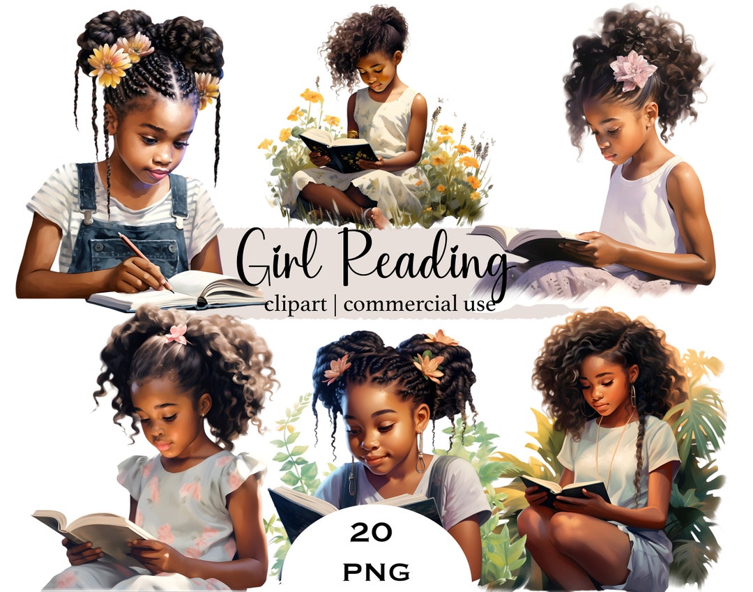 Black Girl Reading Watercolor Clipart Bundle Little Black Girl PNG Junk ...