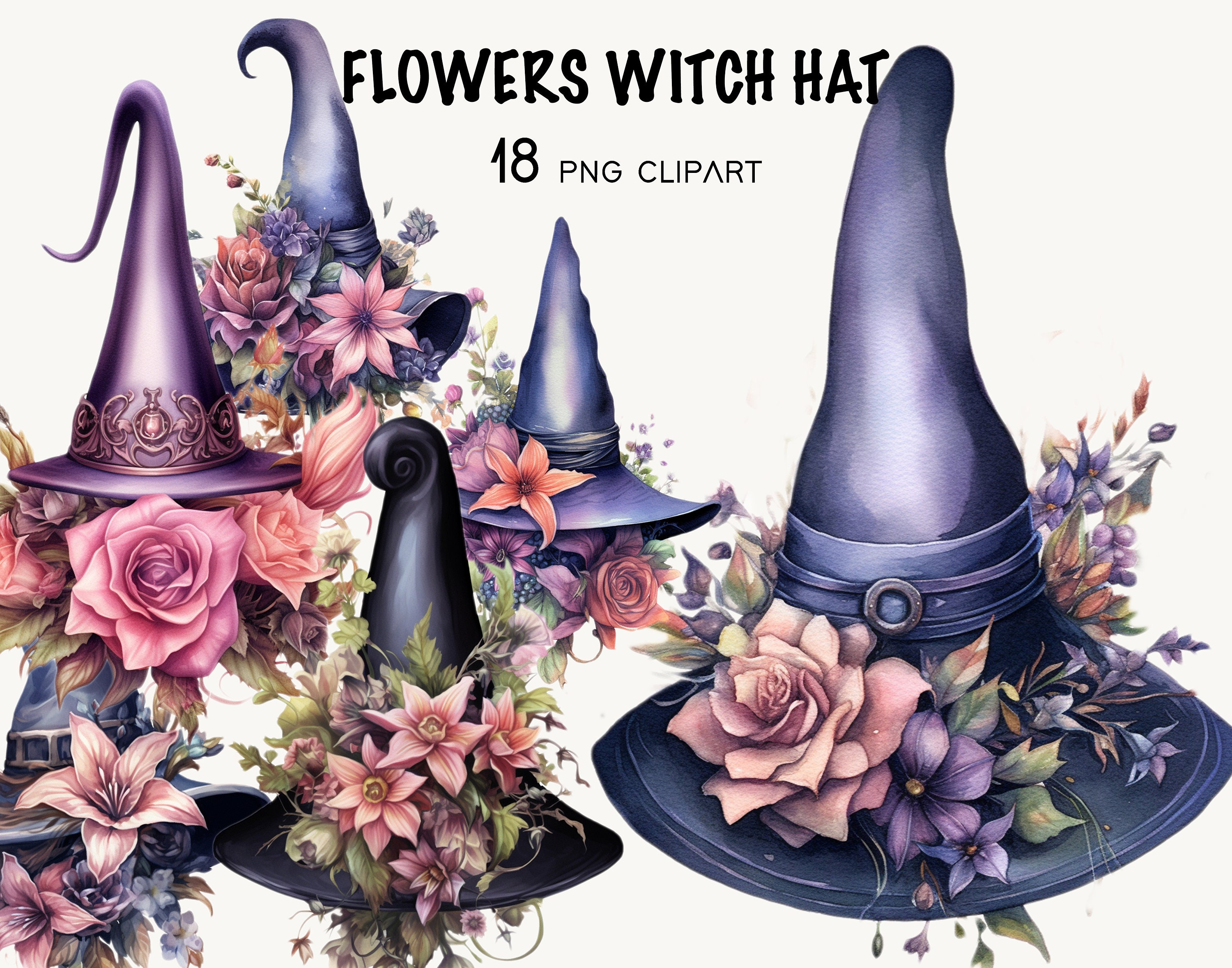 Witch Hat Floral PNG Clipart Watercolor Fantasy Witchcraft - Etsy