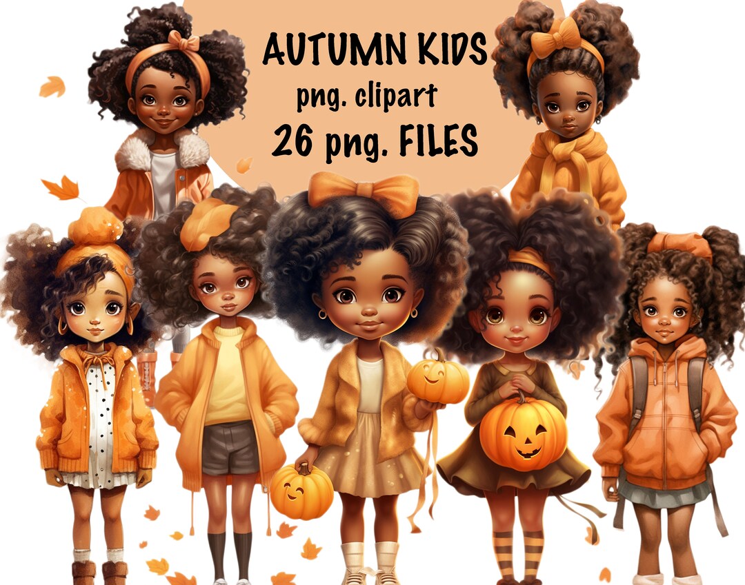 Autumn Black Girls Watercolor Clipart, Fall Kids Clipart PNG, Kids ...