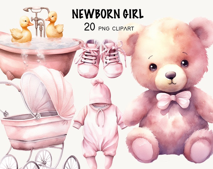 Baby Girl Pink Clipart, Pink Watercolor Newborn PNG, FREE COMMERCIAL ...