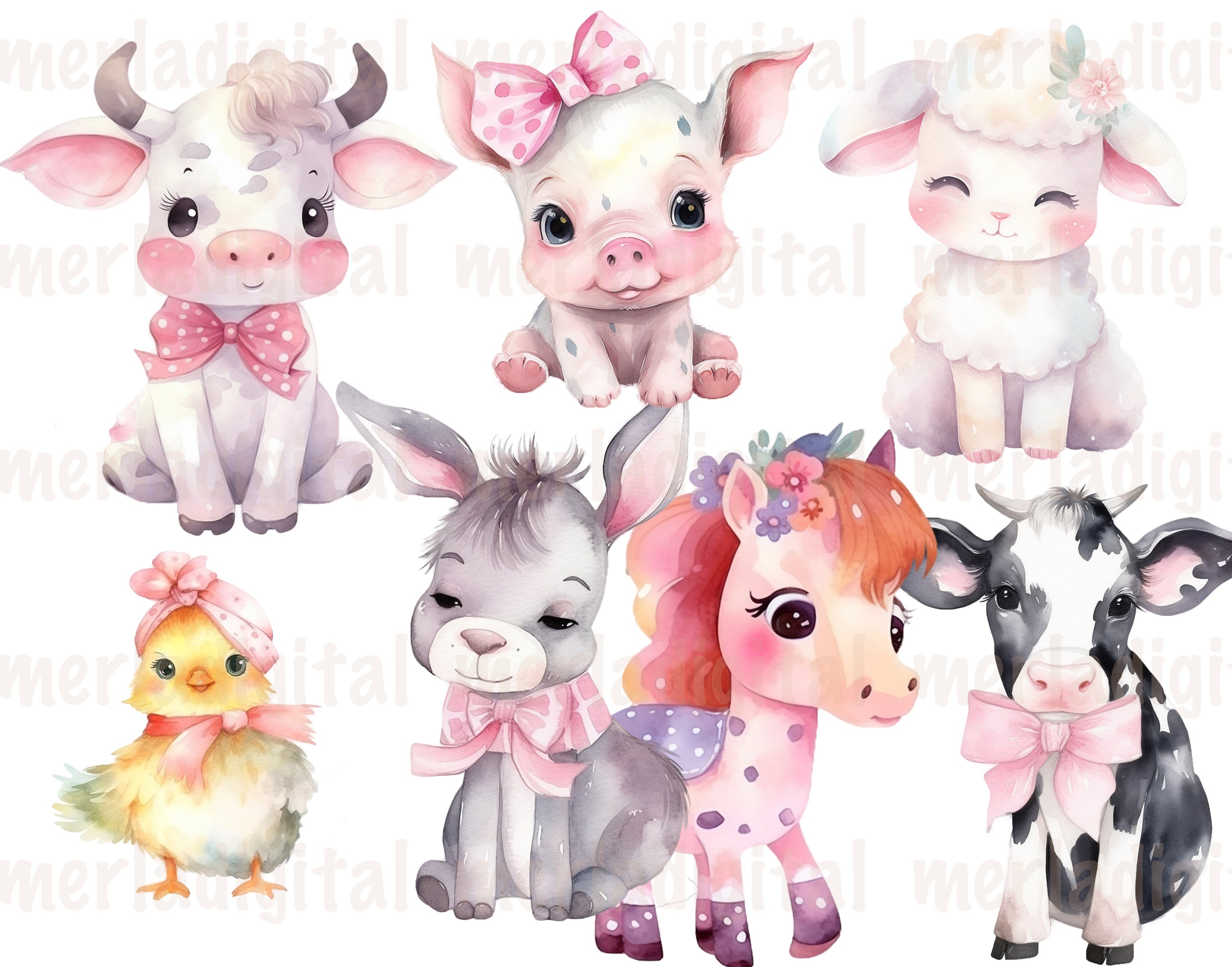 Farm Animals Clipart, Watercolor Cute Farm Clip Art, Girly Nursery ...
