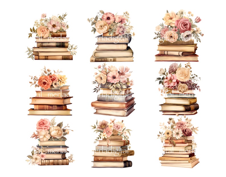 Floral Book Clipart Vintage Book Stack Png Watercolor Clipart Fantasy ...