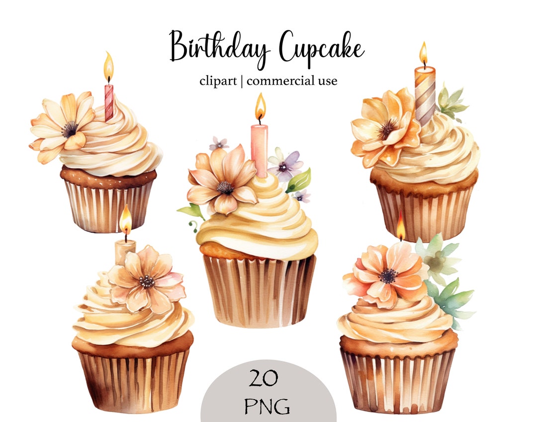 Birthday Cupcake Clipart Bundle Watercolor Birthday Png Celebration ...