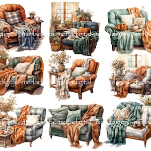 Watercolor Cozy Couch PNG Clipart Boho House Clipart Rustic Cozy House ...