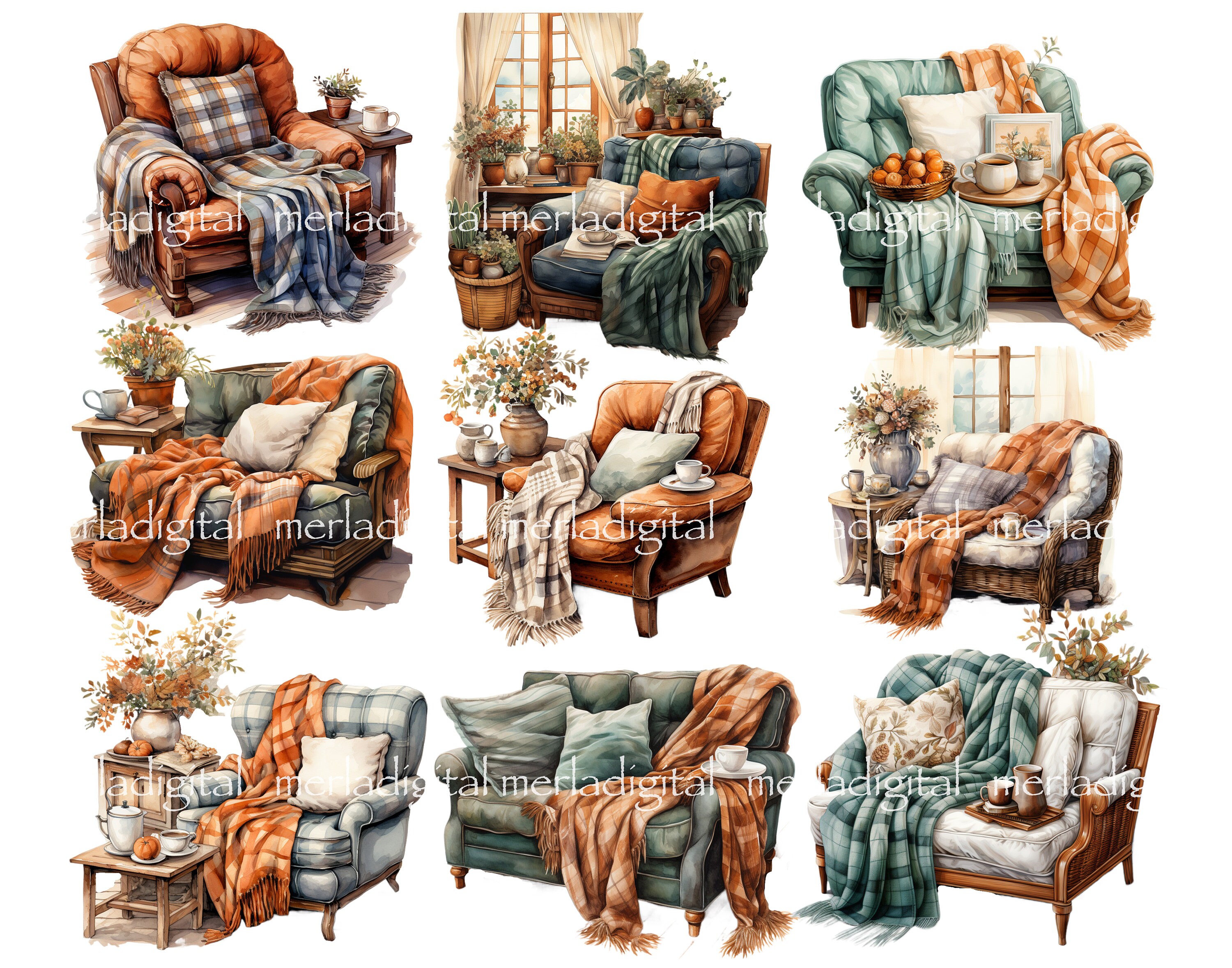 Watercolor Cozy Couch PNG Clipart Boho House Clipart Rustic Cozy House ...