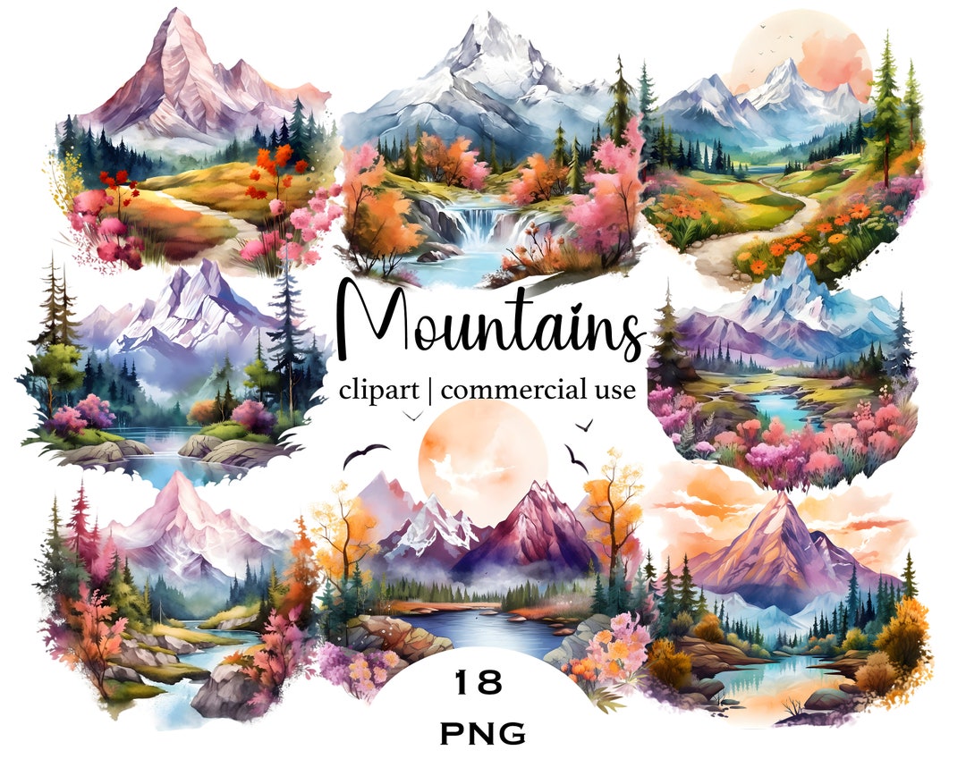 Watercolor Mountain Landscape Clipart Floral Vibrant Colors Landscape ...