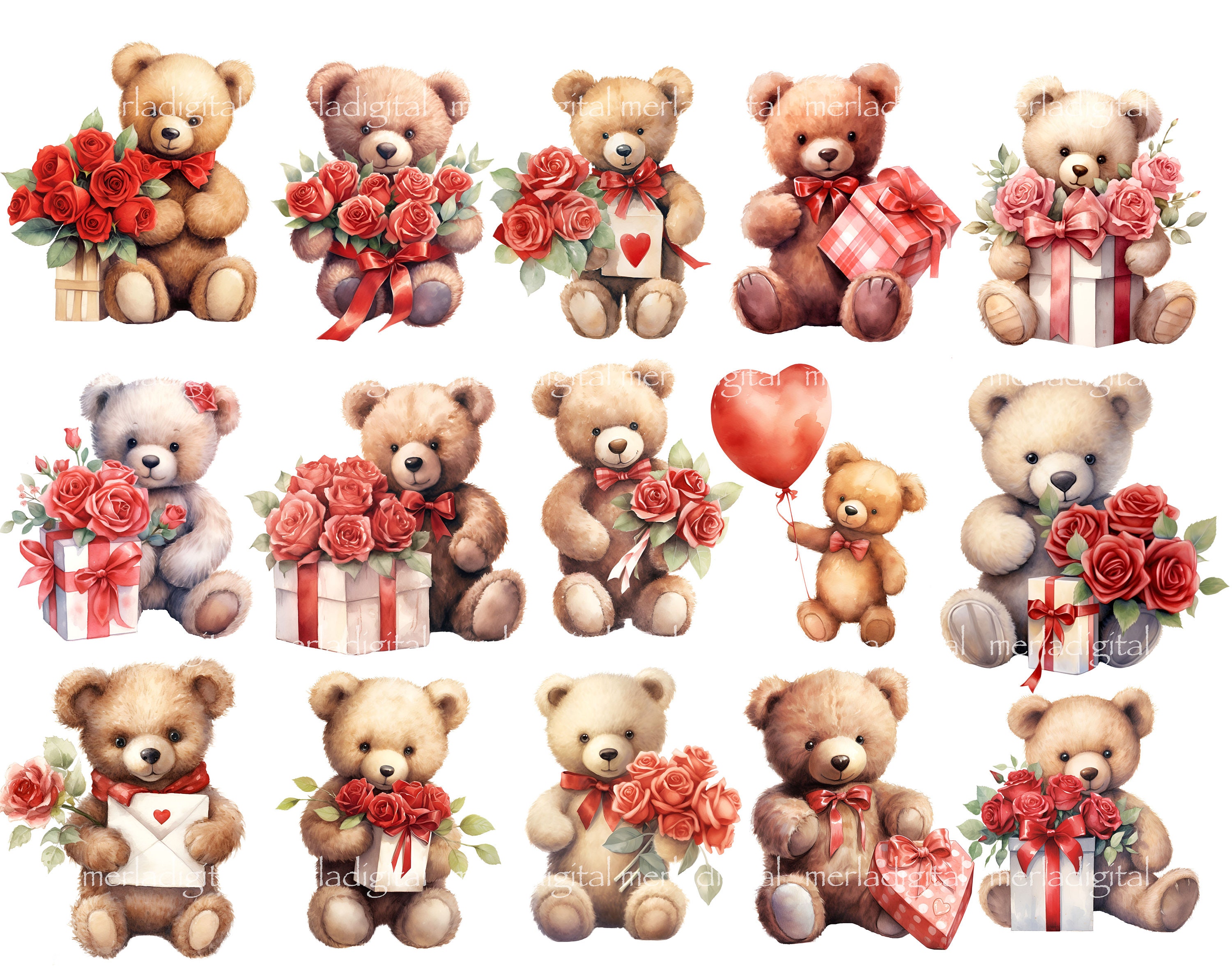 Valentines Teddy Bear Clipart Bundle Roses Valentines Day Clipart ...
