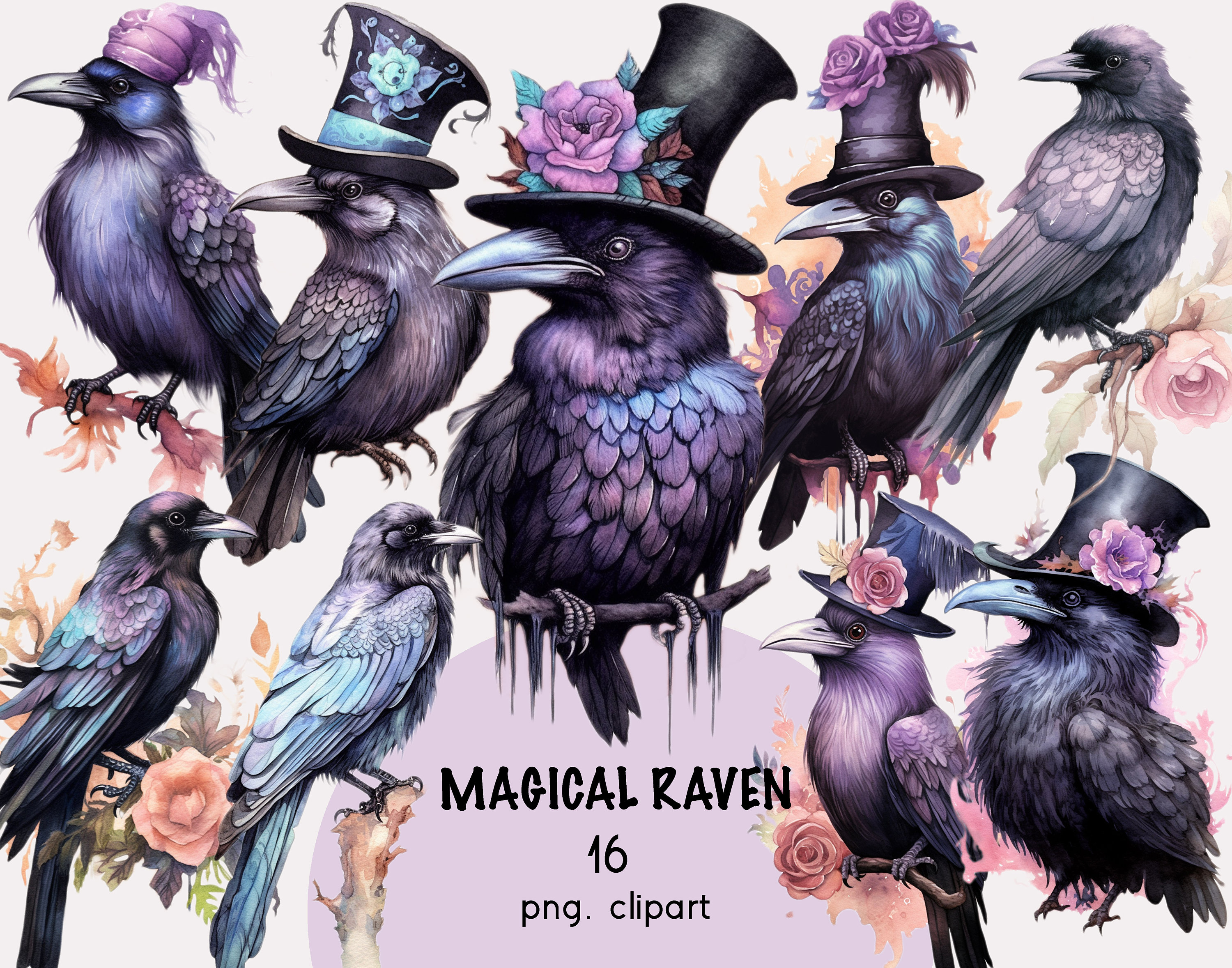 Halloween Magical Raven Watercolor Clipart Flower Halloween - Etsy