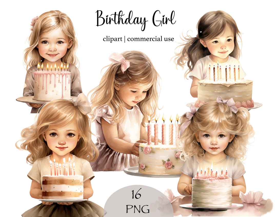 Birthday Girl Clipart Bundle Pink Birthday Watercolor Clipart Kids ...