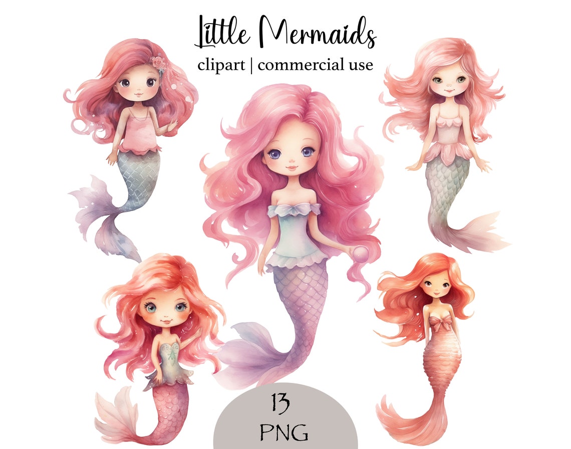 Watercolor Mermaid Clipart Pink Mermaid Kids Clipart Bundle Nursery ...