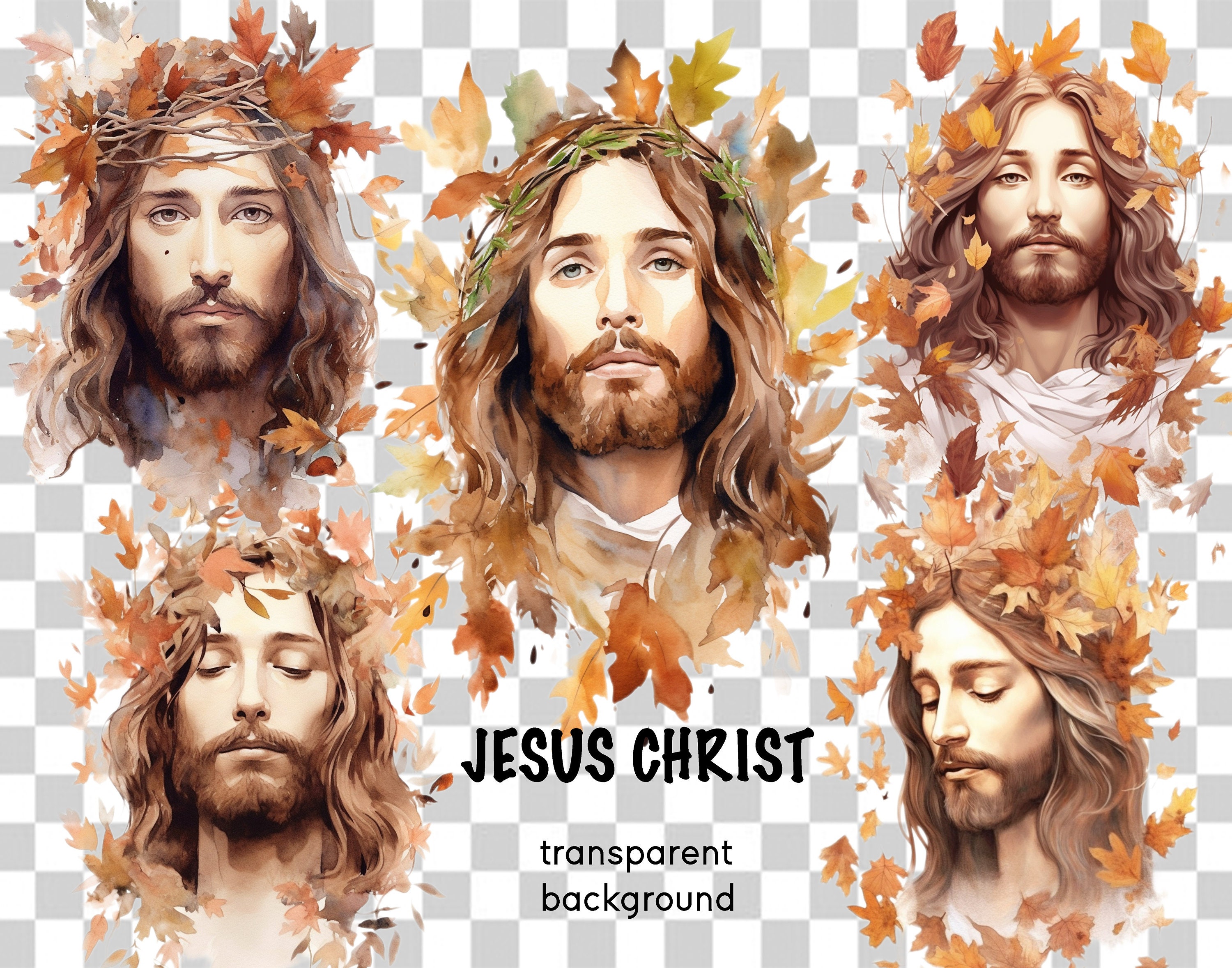 Watercolor Jesus Clipart, Autumn Leaves Christian PNG Bundle (digital ...