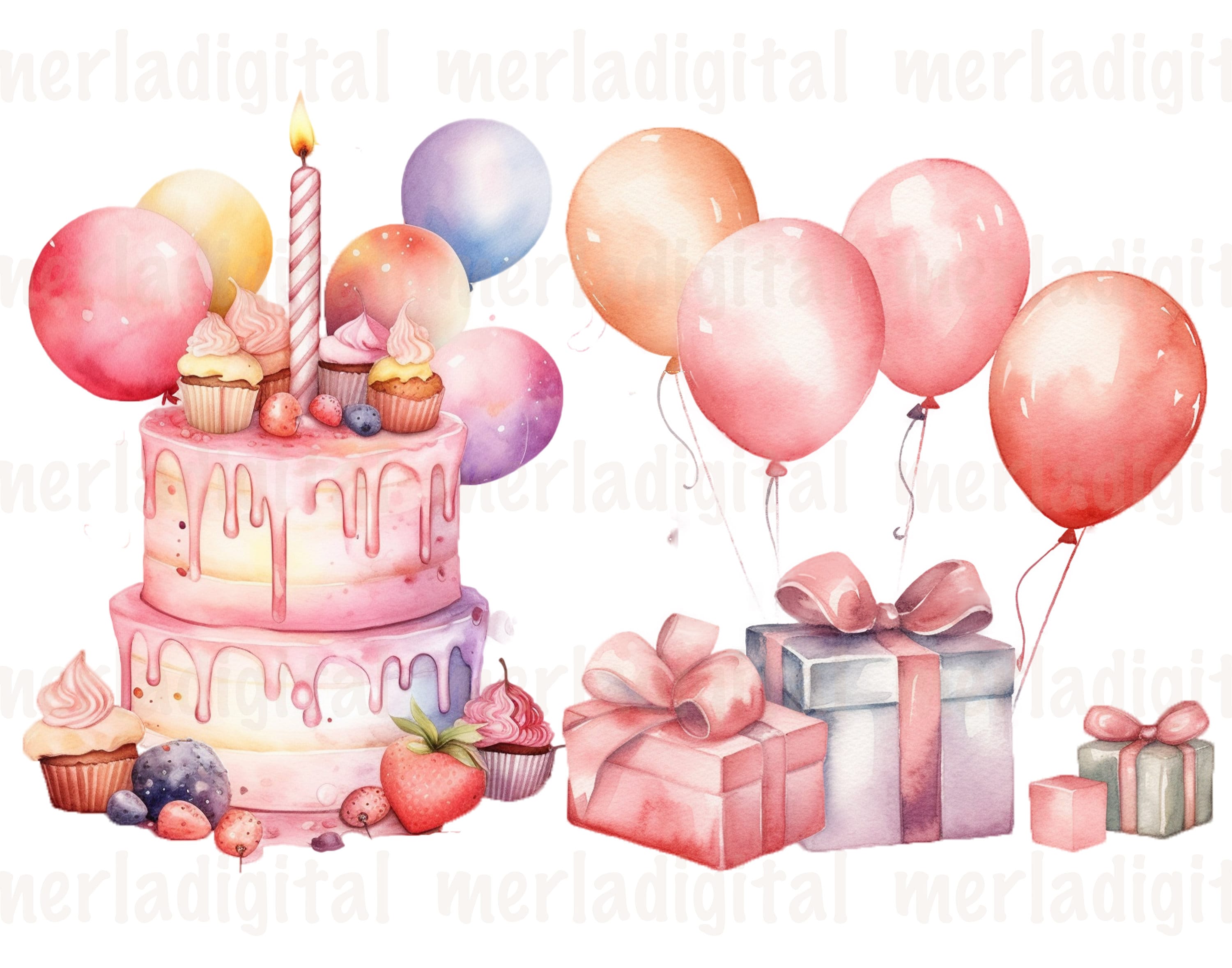 Watercolor Pink Birthday Clipart Pack, Balloons Clipart, Gift Clipart ...