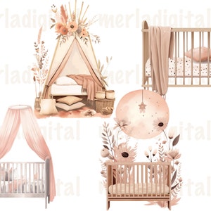 Boho Baby Room Watercolor Clipart, Nursery Room Clipart, Boho Kid, Boho ...