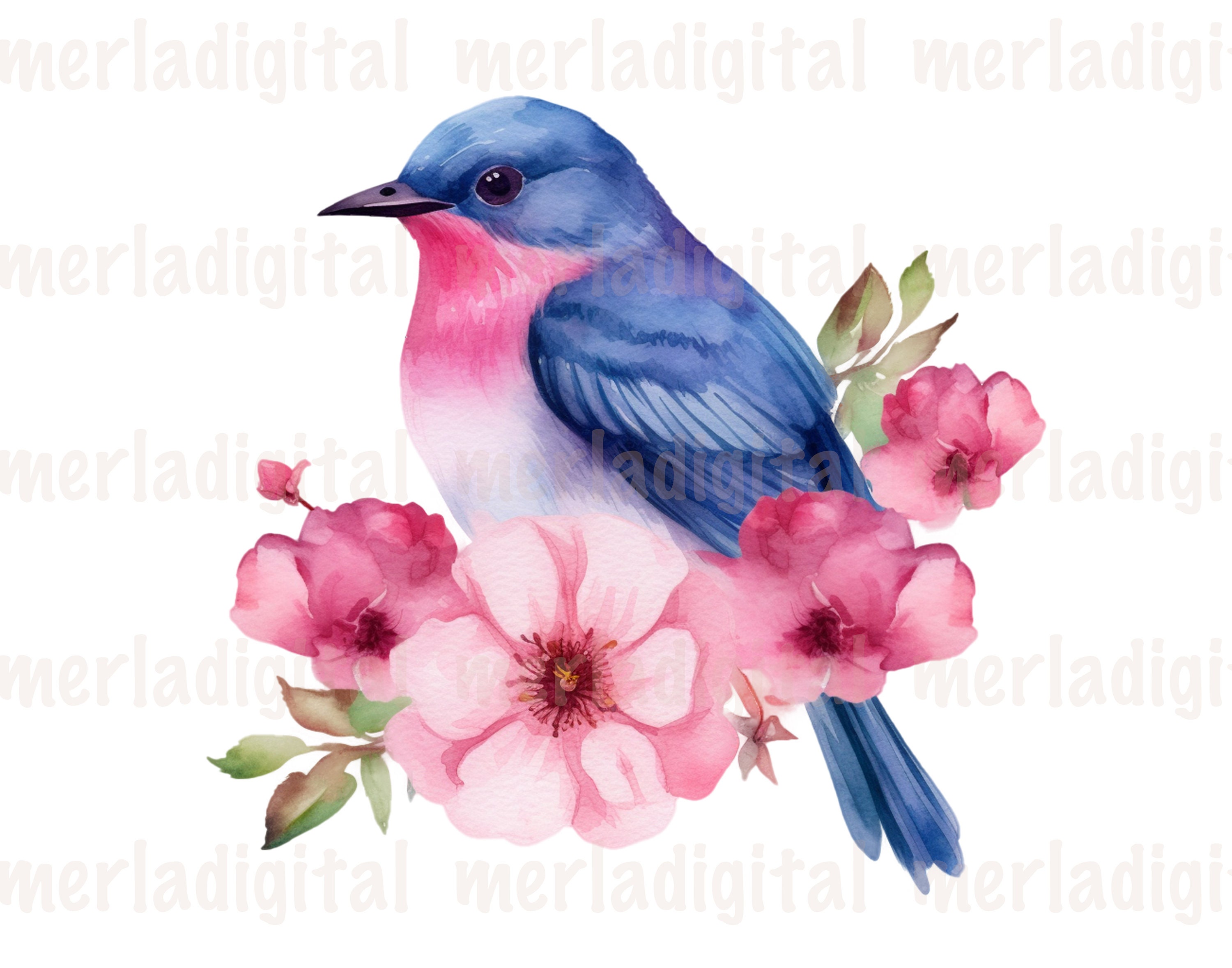 Blue Bird Clipart, Watercolor Nursery Art Png, Pink Flowers Digital ...