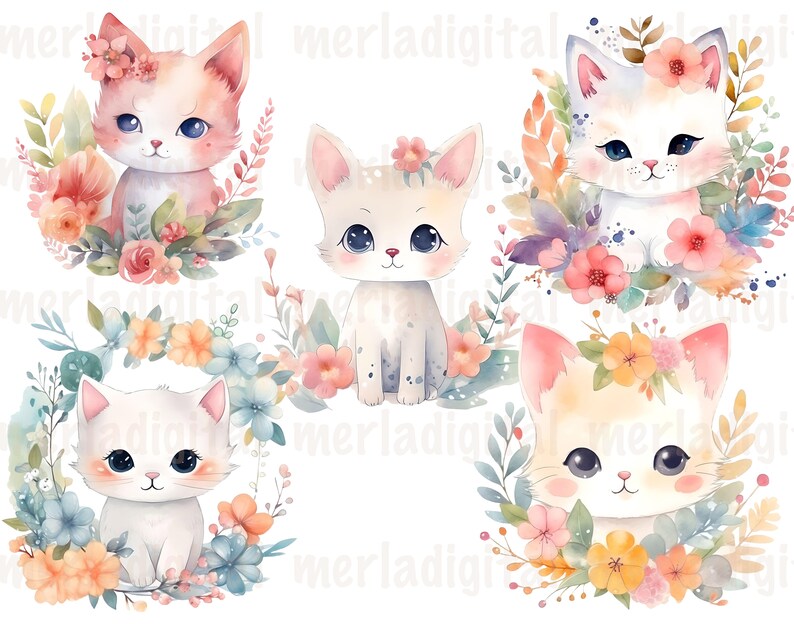 Kitten Watercolor Flowers Clipart Floral Cute Cat Png - Etsy
