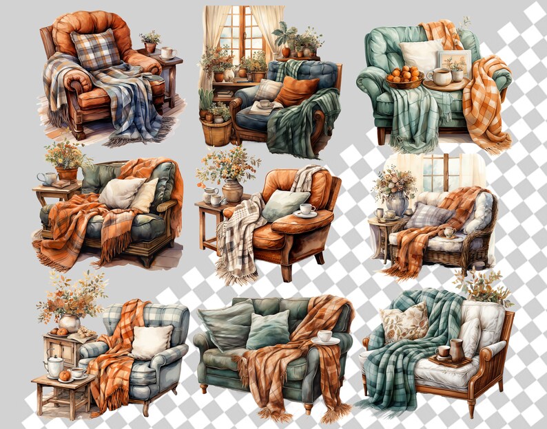 Watercolor Cozy Couch PNG Clipart Boho House Clipart Rustic Cozy House ...