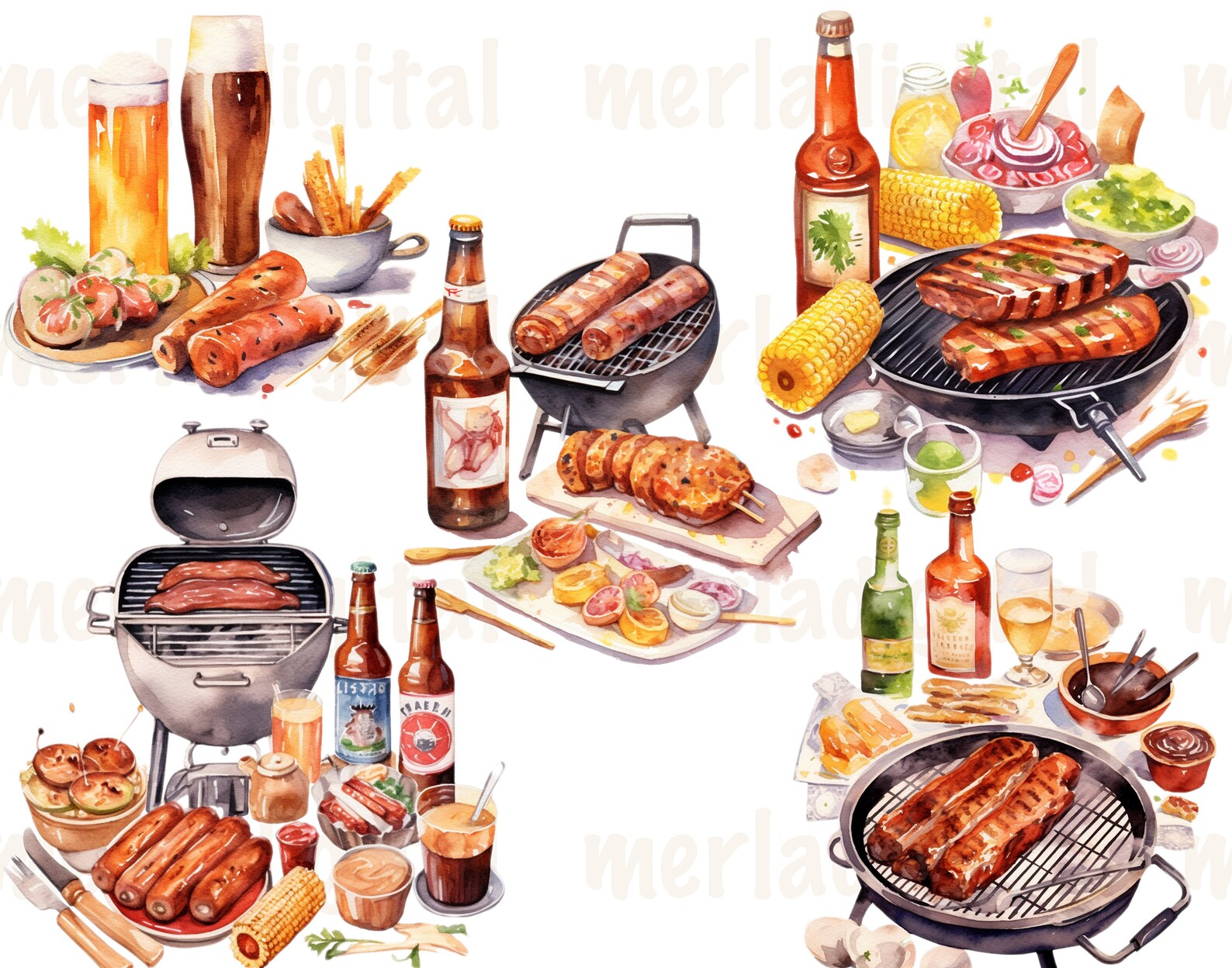Watercolor Beer BBQ Clipart, Burger Bbq Digital Png, Beer, Drink and ...