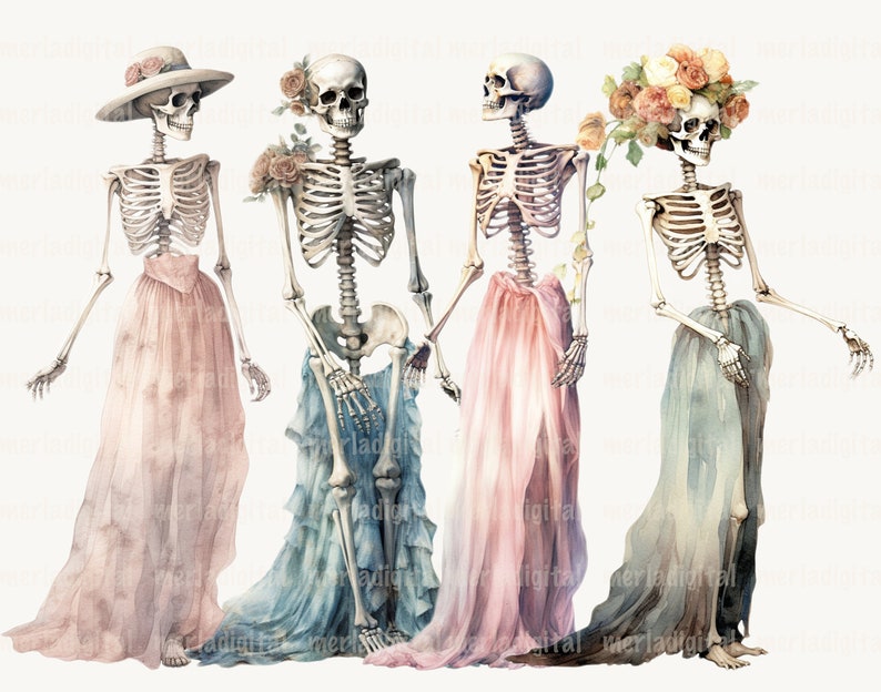 Watercolor Skeleton Clipart Vintage Skeleton in Dress PNG Halloween ...