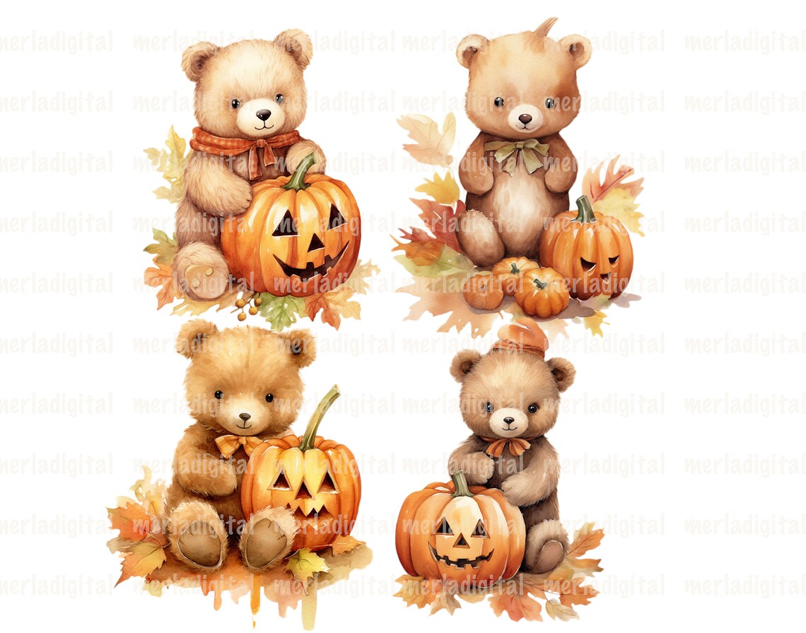 Autumn Watercolor Bear Pumpkin Clipart, Fall Animal Png, Kids Fall ...