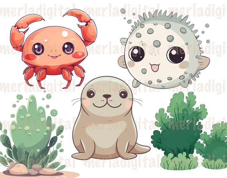 Undersea Kawaii Animals Clipart, Nursery Cute Decor, Clownfish ...
