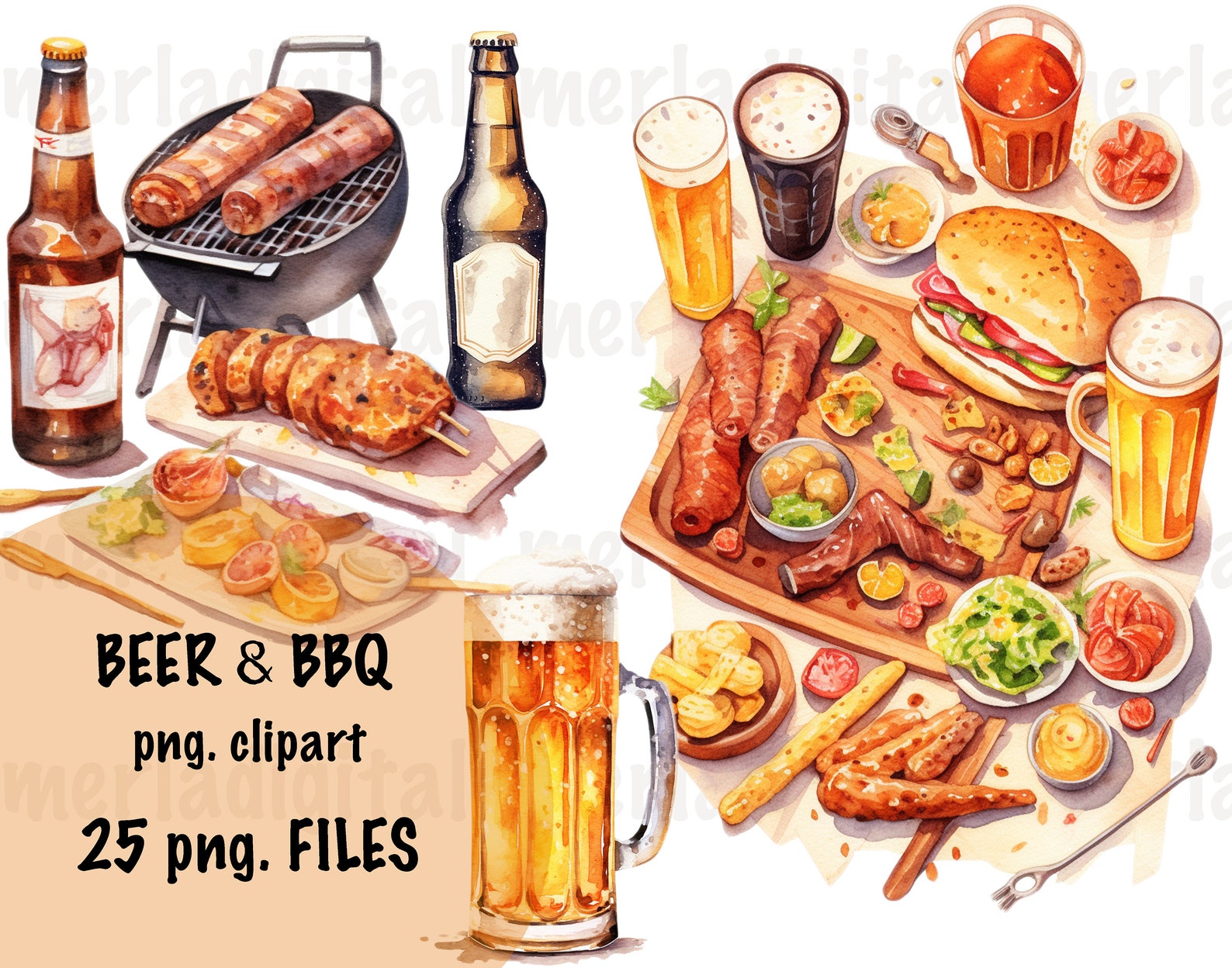 Watercolor Beer BBQ Clipart, Burger Bbq Digital Png, Beer, Drink and ...