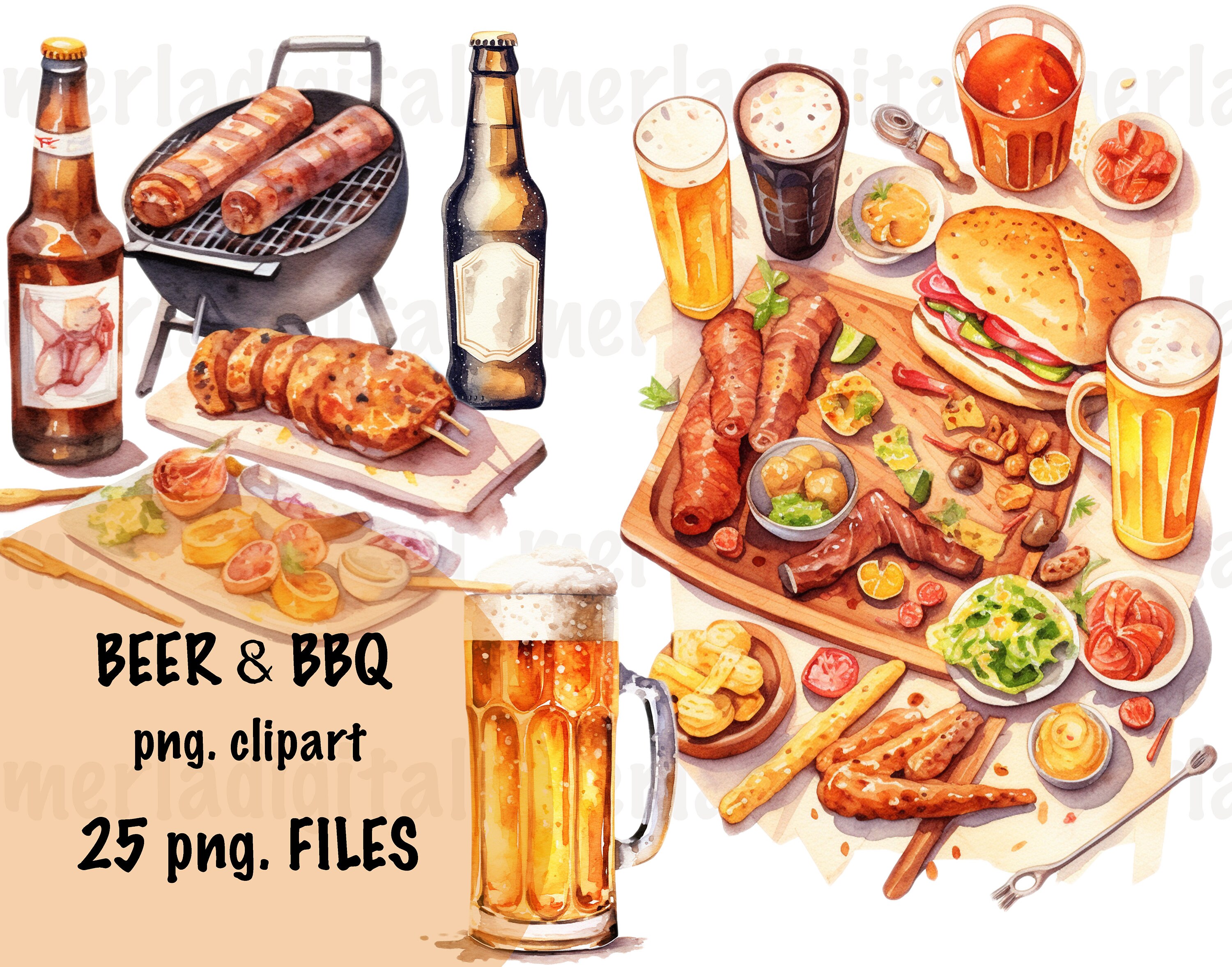 Watercolor Beer BBQ Clipart, Burger Bbq Digital Png, Beer, Drink and ...