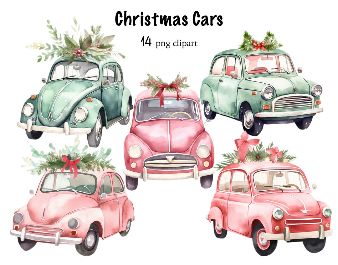 Christmas Car Clipart: Watercolor Winter Nursery PNG (14 Files) - Etsy