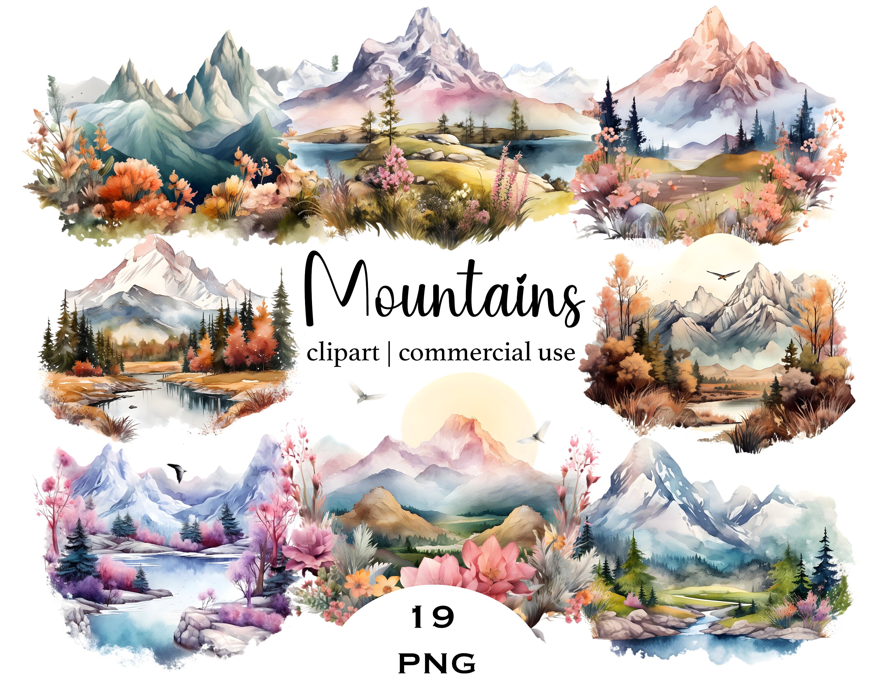 Watercolor Mountain Landscape Clipart Pastel Colors Landscape Scene Png ...